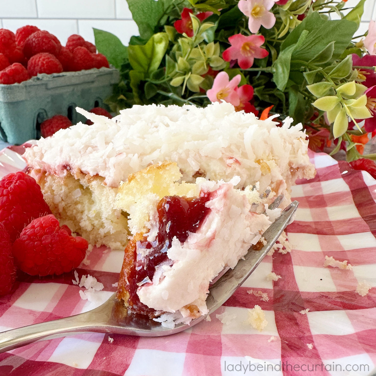 White Chocolate Raspberry Coconut Sheet Cake
