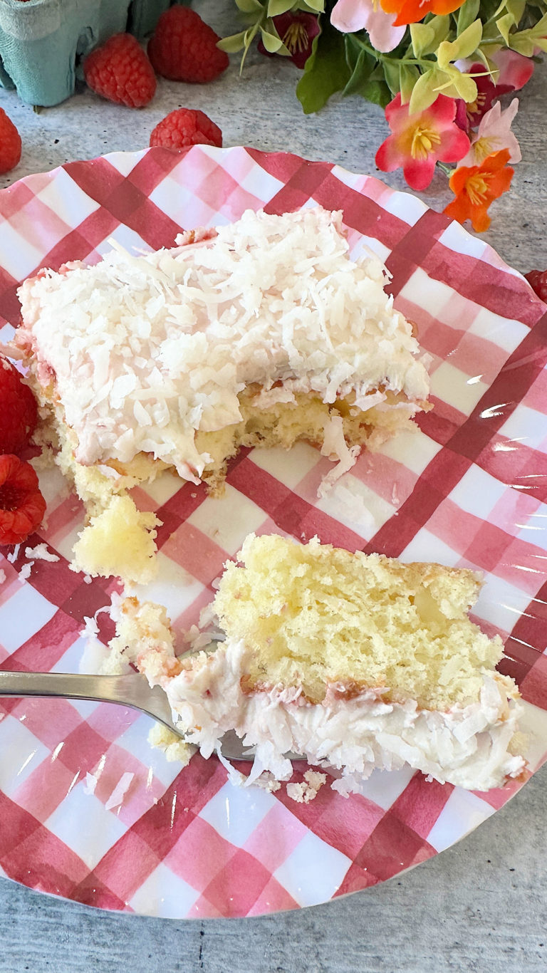 White Chocolate Raspberry Coconut Sheet Cake