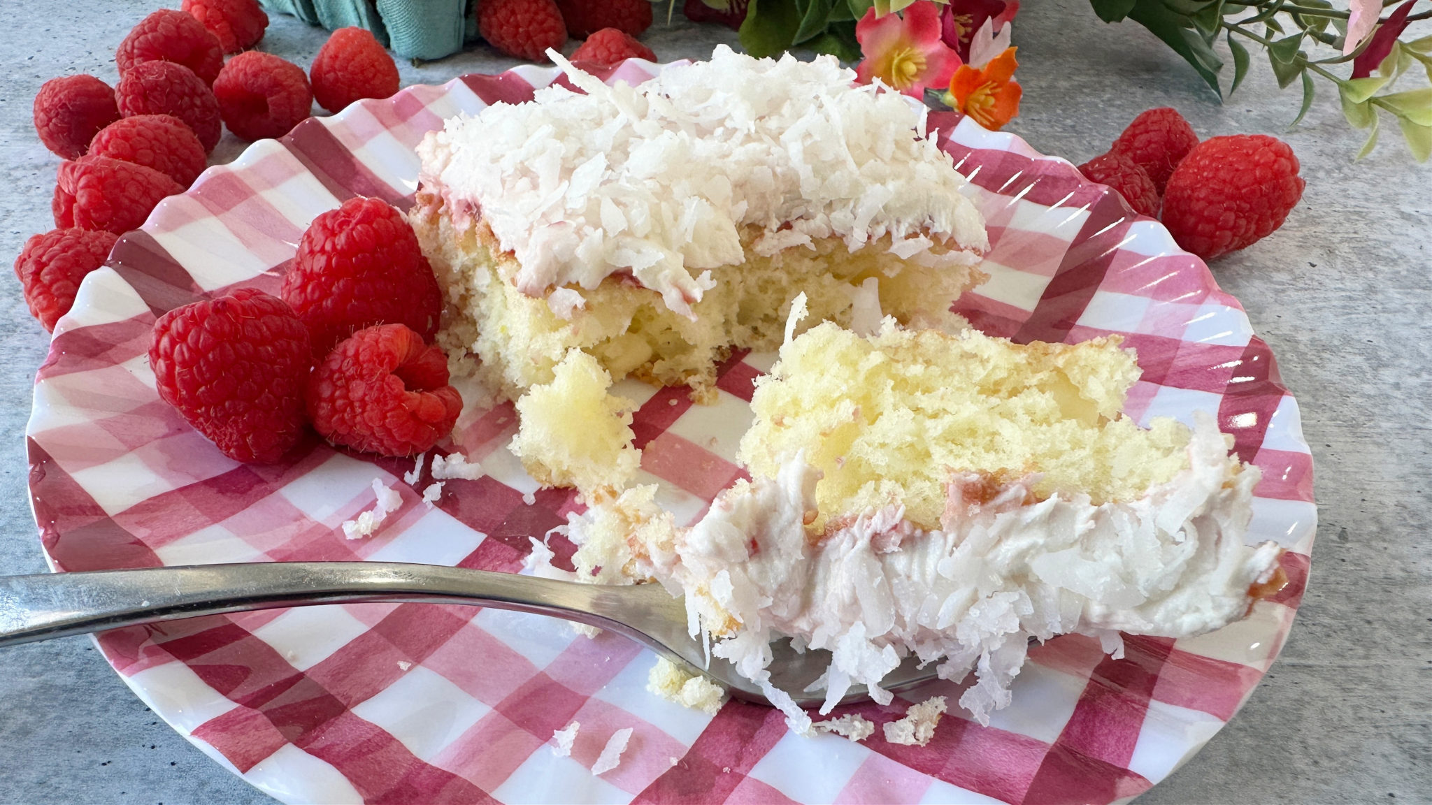 White Chocolate Raspberry Coconut Sheet Cake