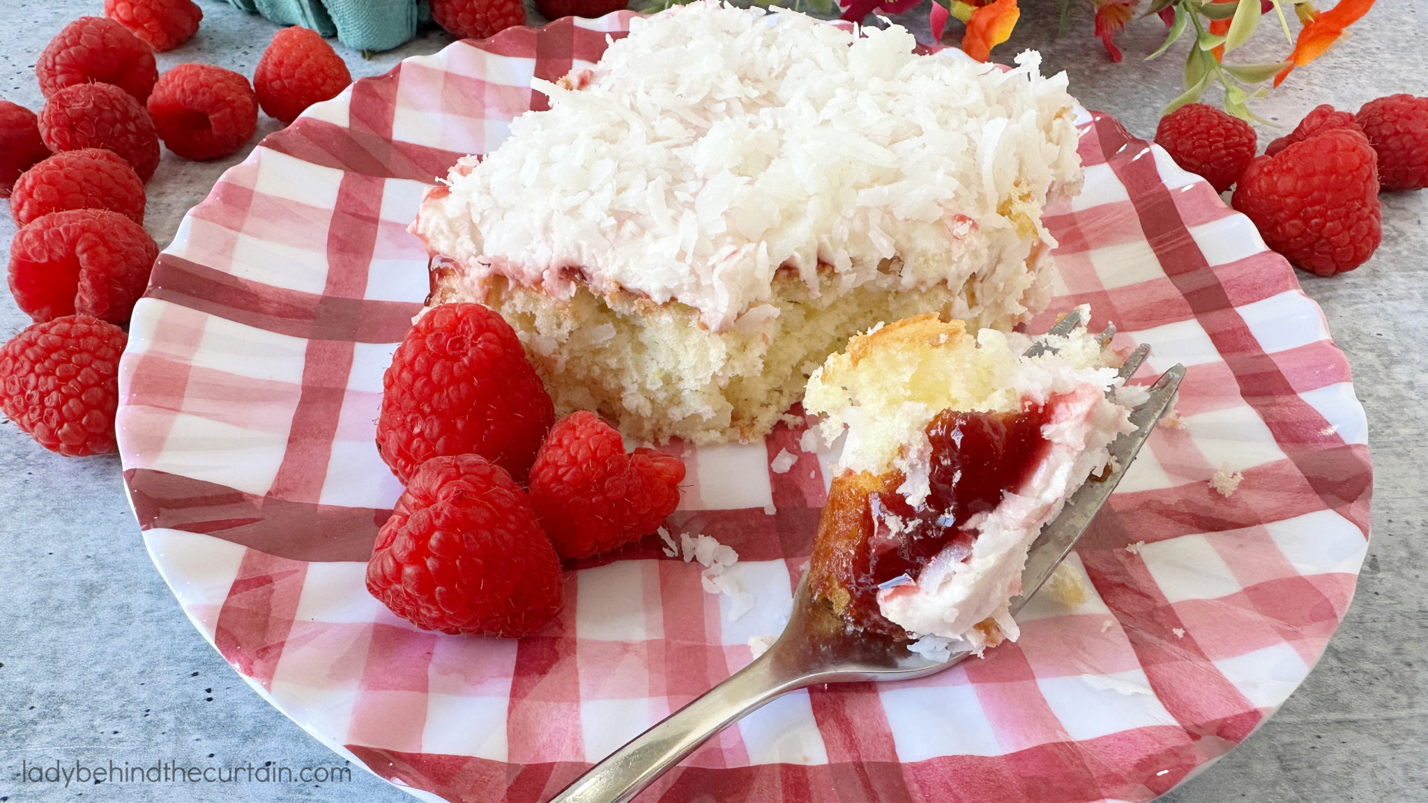 White Chocolate Raspberry Coconut Sheet Cake