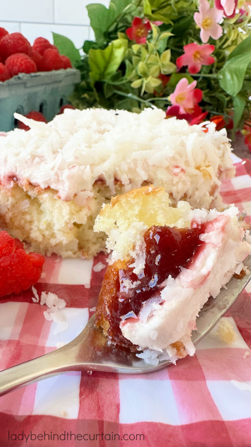 White Chocolate Raspberry Coconut Sheet Cake